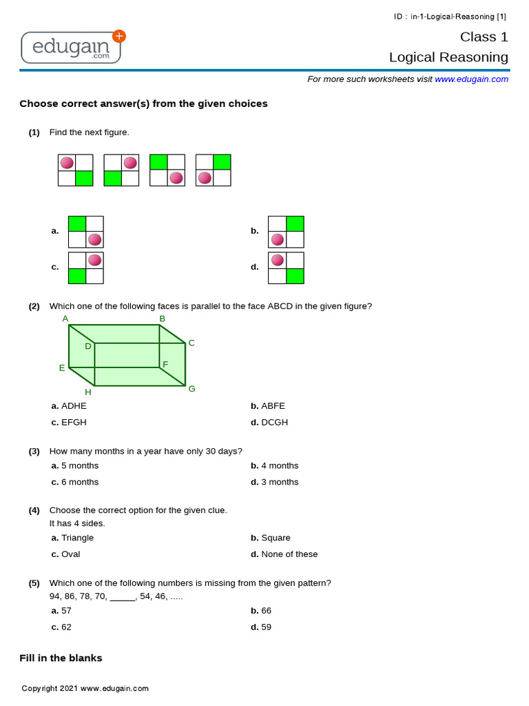 Grade 1 Logical Reasoning Worksheets | PDF
