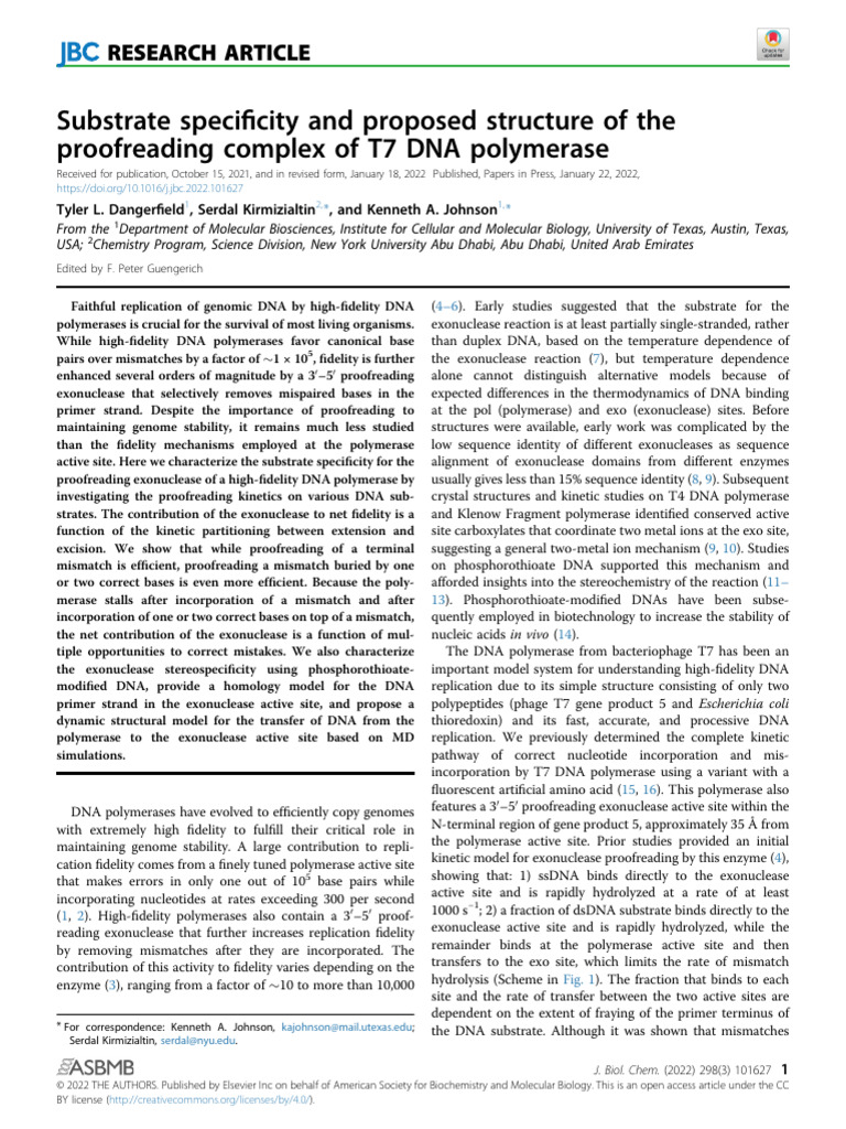 T7 DNA Polymerase Proofreading Dynamics | PDF | Dna | Dna Replication