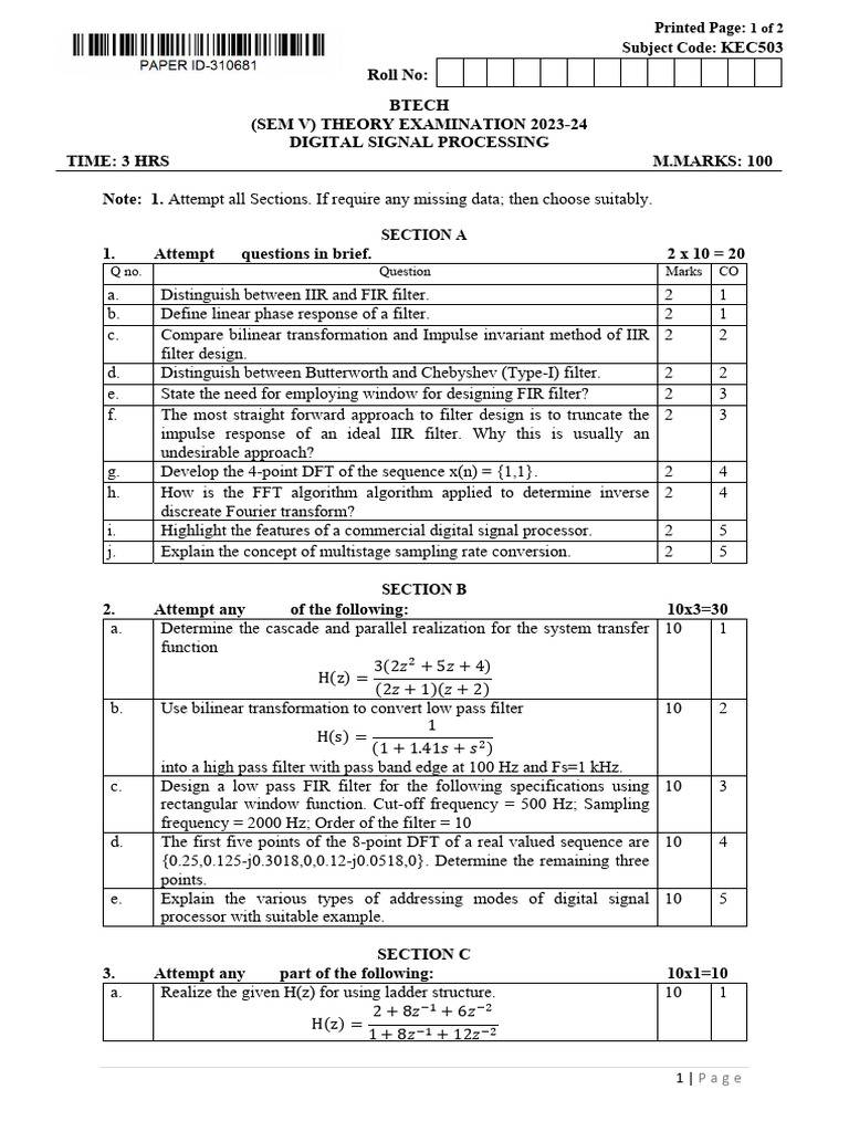DSP Question Paper 2023-24 | PDF | Filter (Signal Processing) | Digital ...