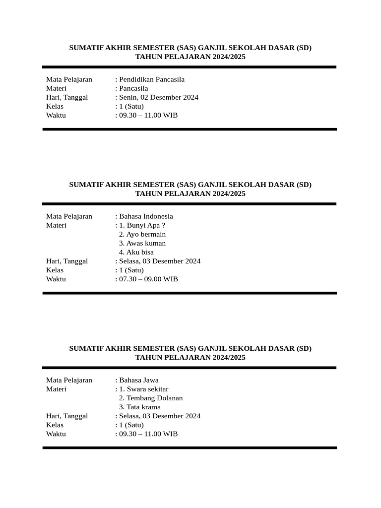 SOAL SAS GANJIL KELAS 1 2024 2025 Cover | PDF