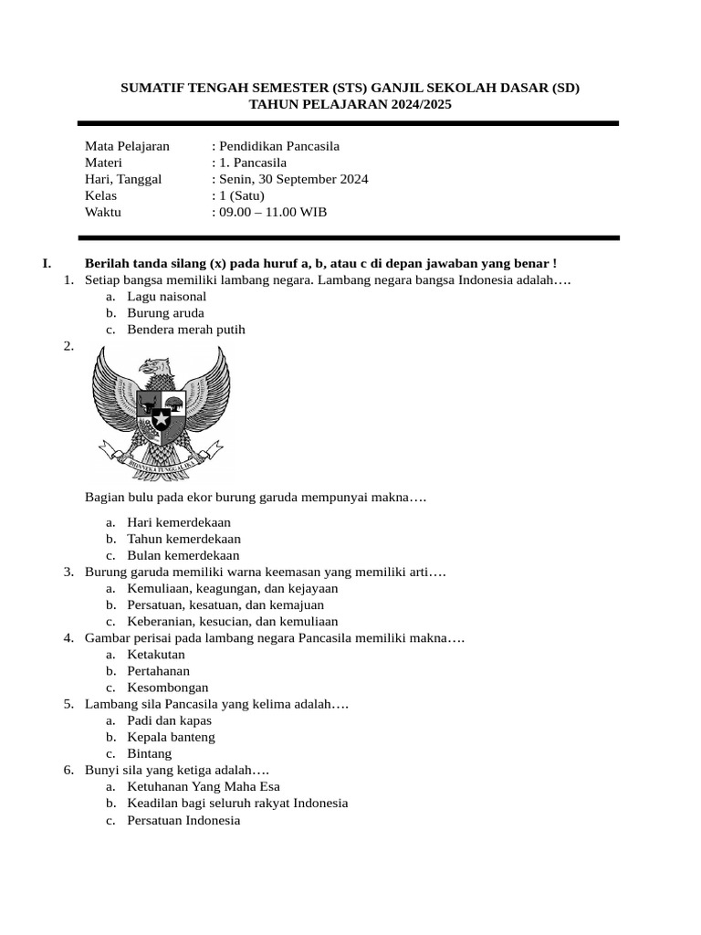 SOAL STS GANJIL KELAS 1 2024 2025 | PDF
