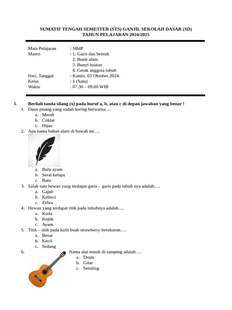 SOAL STS SBDP GANJIL KELAS 1 2024 2025 | PDF