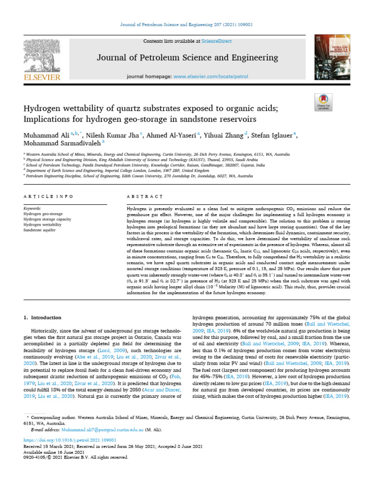 Hydrogen Wettability of Quartz Substrates Exposed To Organic Acids ...