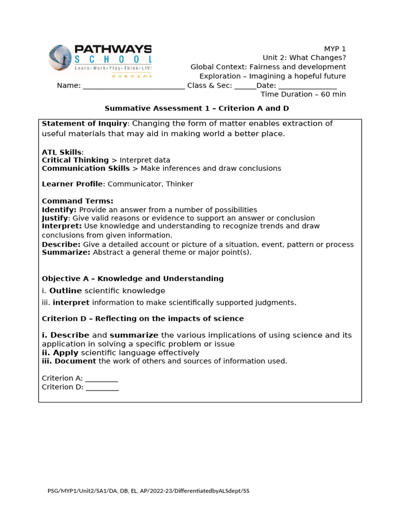 (D) MYP1 - Unit 2 SummativeAssessment1CriteriaAandD | PDF | Knowledge ...