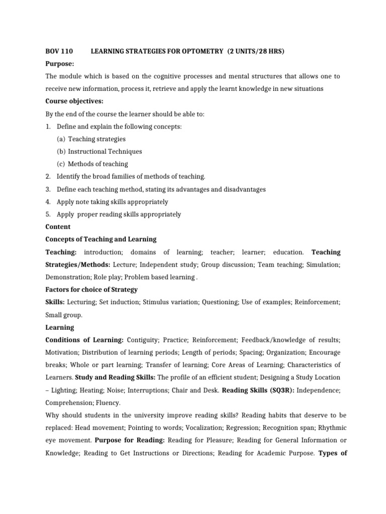 Bov 110 Learning Strategies For Optical | PDF | Learning | Reading ...