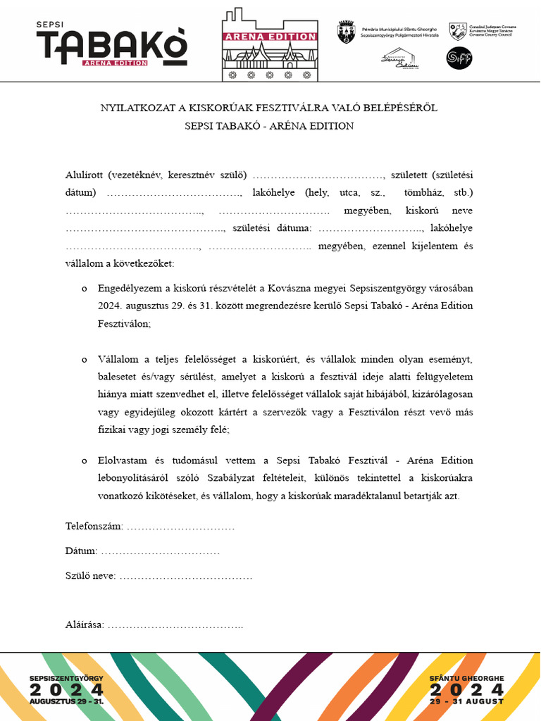 Nyilatkozat A Kiskorúak Tabakó Fesztiválra Való Belépéséről | PDF