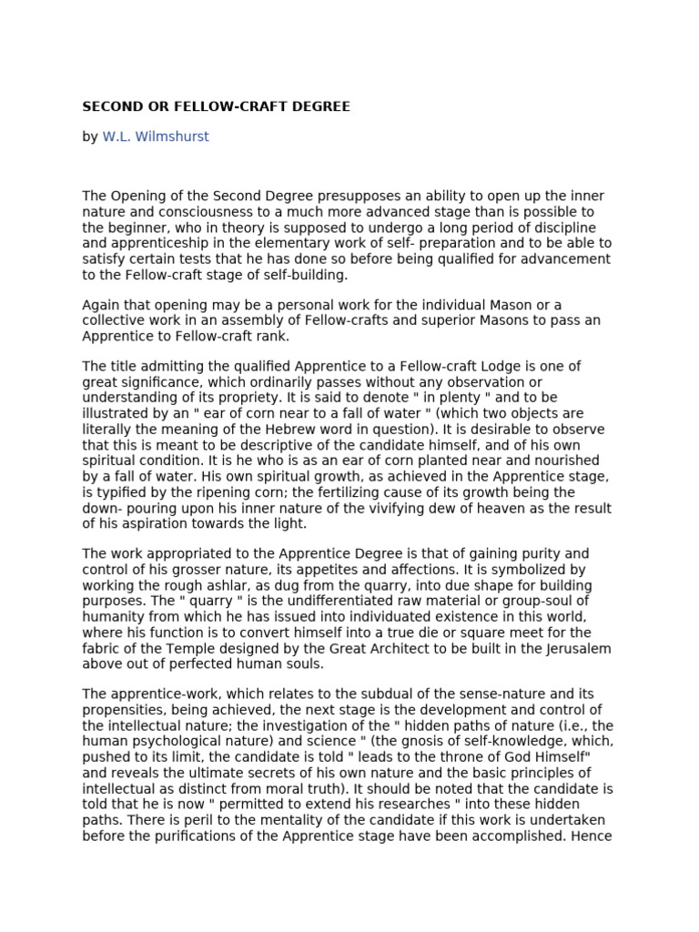 SECOND or FELLOWCRAFT DEGREE | PDF | Freemasonry | Apprenticeship