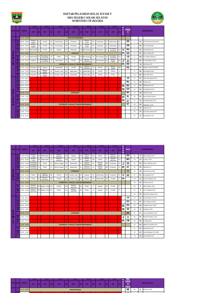 Jadwal Kelas Xi 2023-2024 | PDF