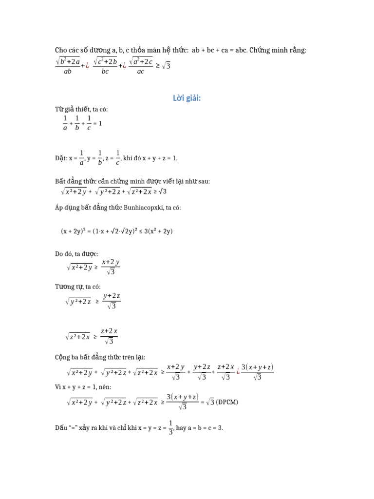 Lời giải:: Chocács d ng a, b, c th a mãn h th c: ab + bc + ca = abc. Ch ...