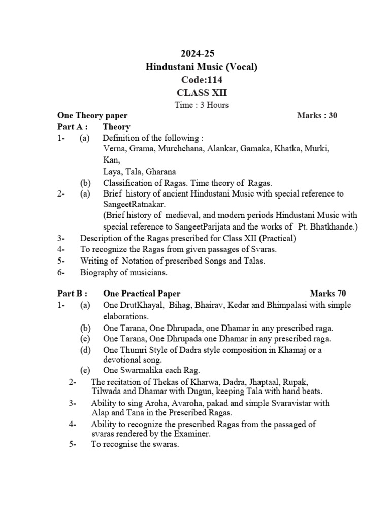 Hindustani Music Class XII Syllabus | PDF