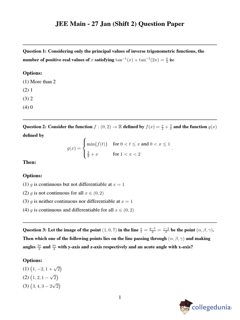 JEE Main 27 Jan Shift 2 Paper | PDF | Light | Ellipse