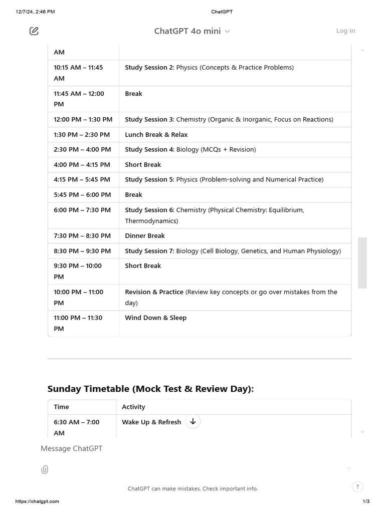 Neet Time Table by ChatGPT 3 | PDF