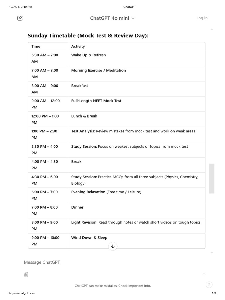 Neet Timetable by ChatGPT6 | PDF