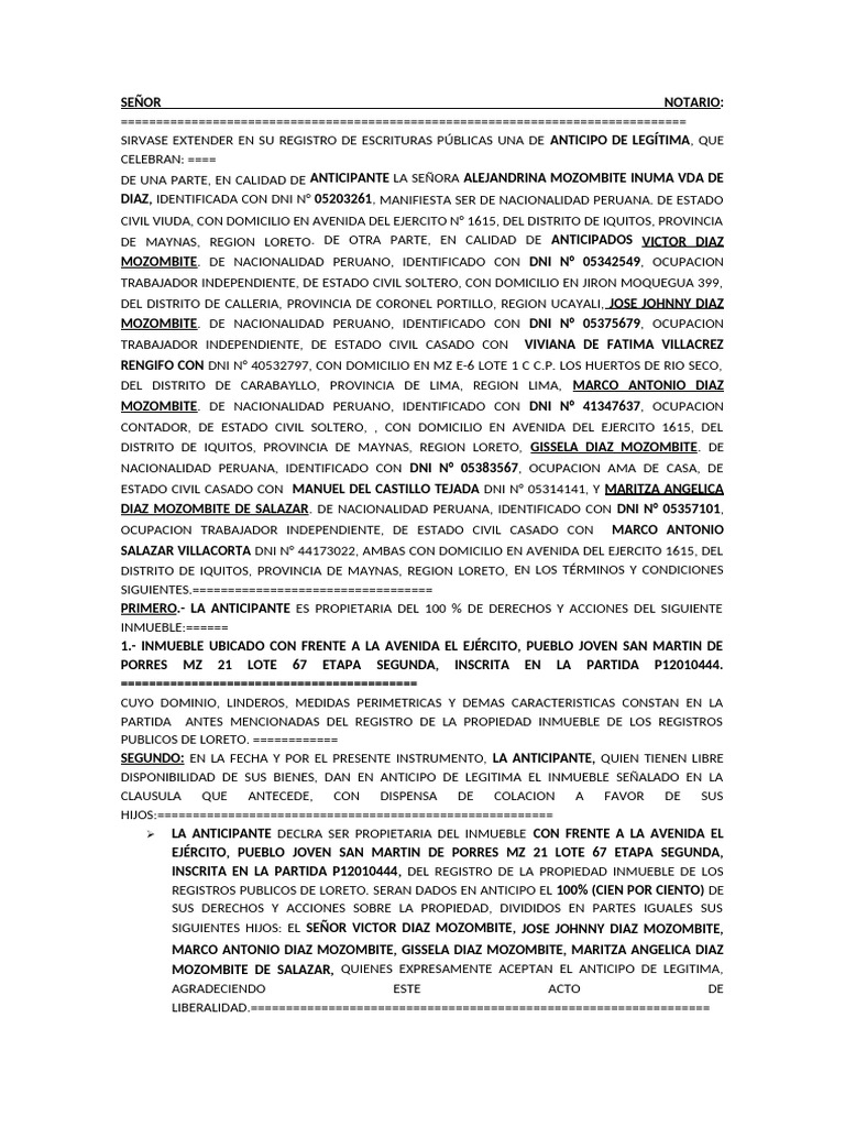 Minuta de Anticipo de Legitima 1 Predio | PDF