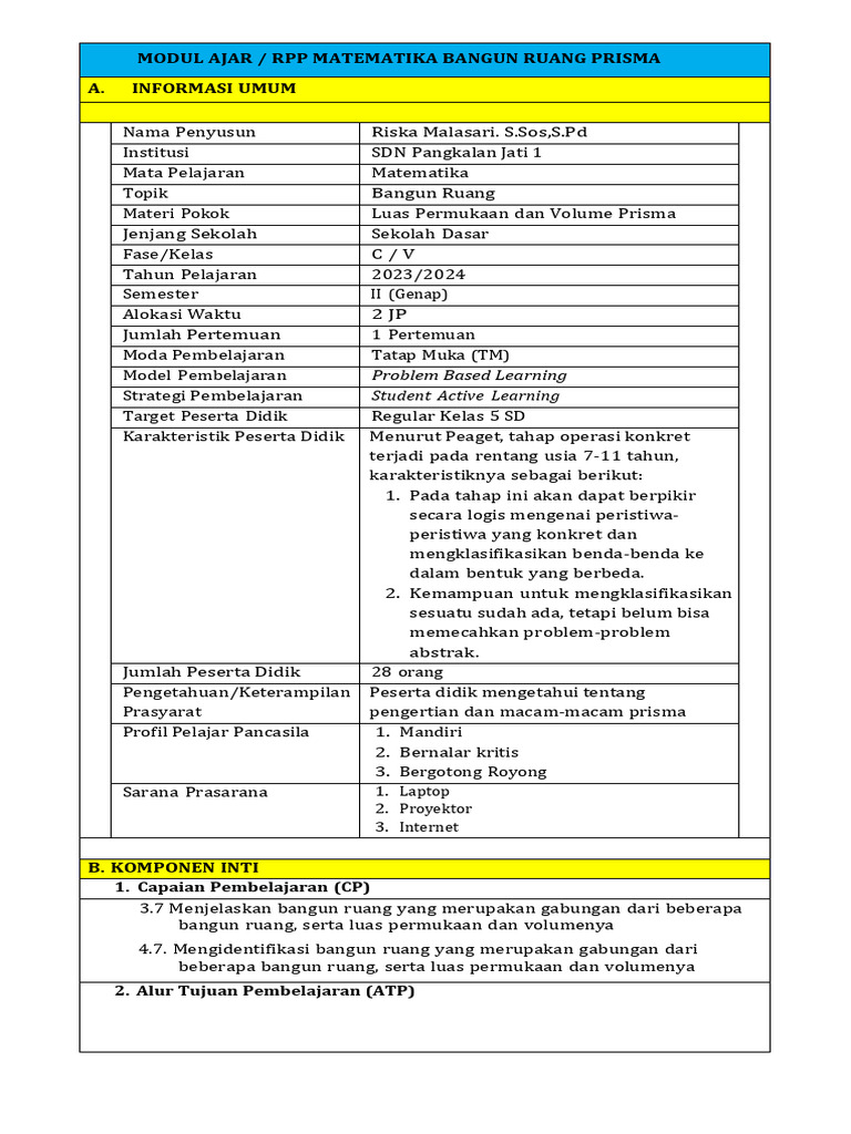 Modul Ajar Matematika Bangun Prisma | PDF