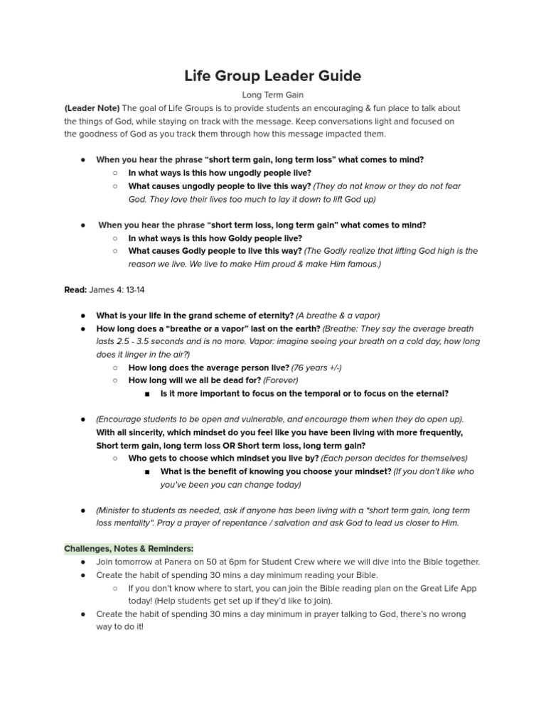 Life Group Leader Guide_ Long Term Gain (1) | PDF | Religious Belief ...