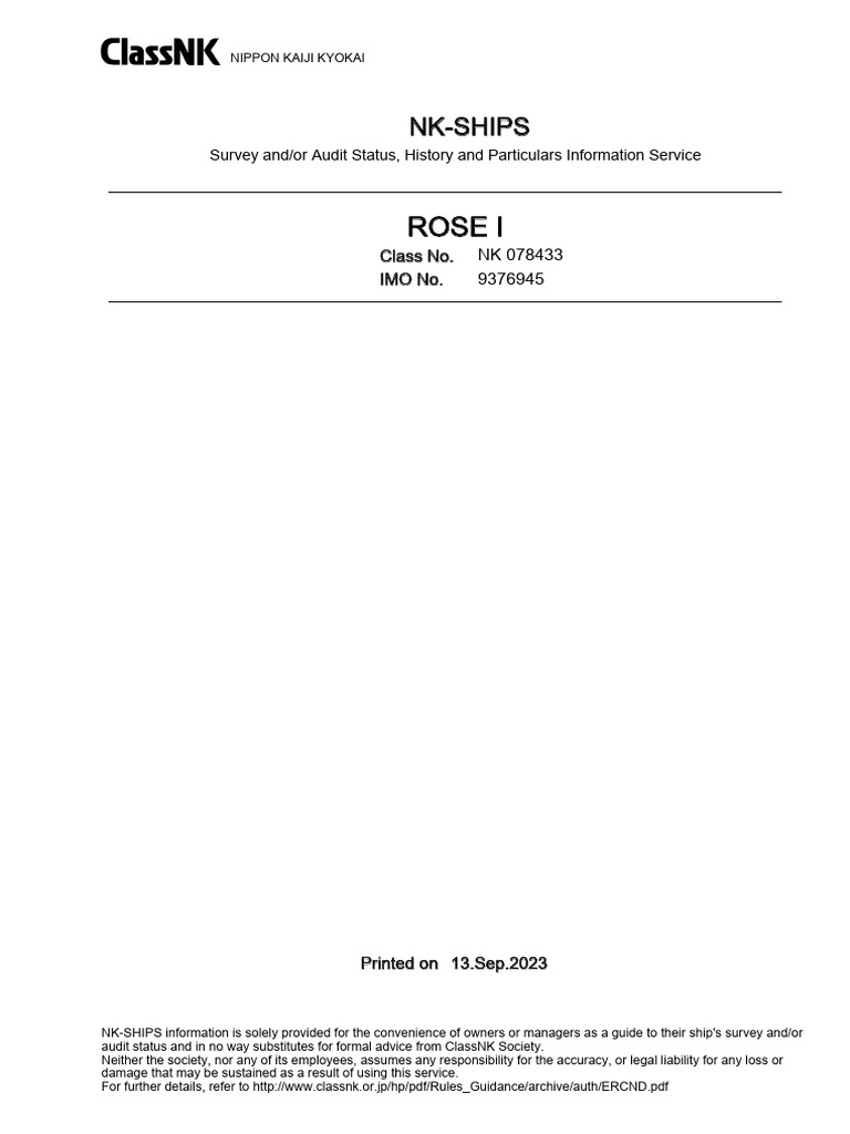 2023.09.13 Rose I Class Status | PDF | Tonnage | Watercraft