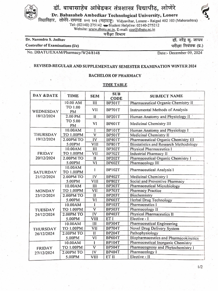 Revised Time Table - Pharmacy Winter 2024 | PDF