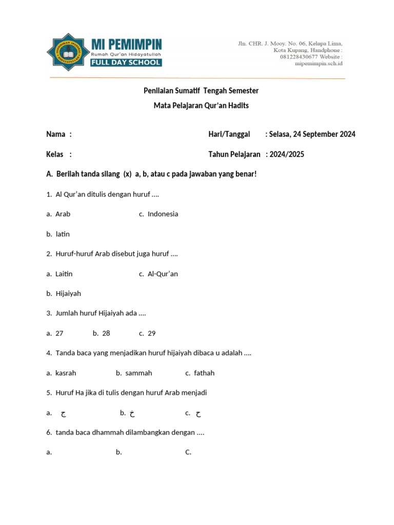 soal Qurdis kelas 1 | PDF