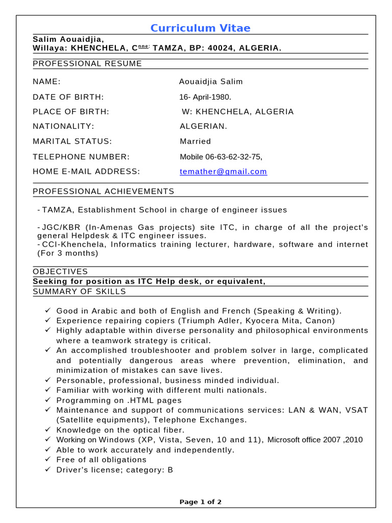 Salim's CV | PDF | Windows Xp | Microsoft Windows