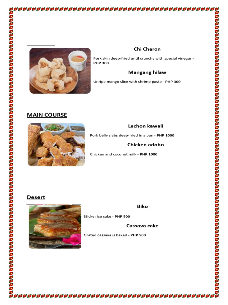 Filipino Menu: Appetizers, Main Dishes, Desserts | PDF