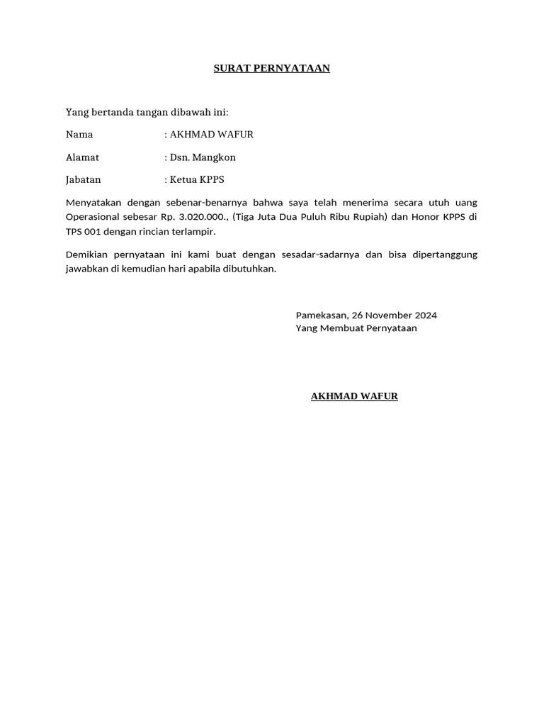 Surat Pernyataan Penerimaan Honor KPPS | PDF