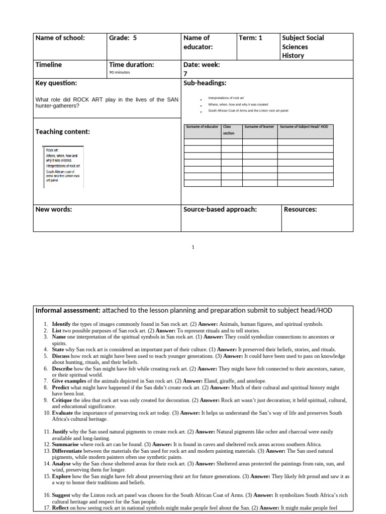 5 Grade 5 History Term 1 Lesson Plan | PDF | Rock Art | Traditions