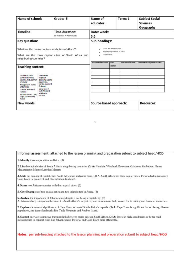 Grade 5 Term 1 Geography Lesson Plan | PDF | South Africa | Africa