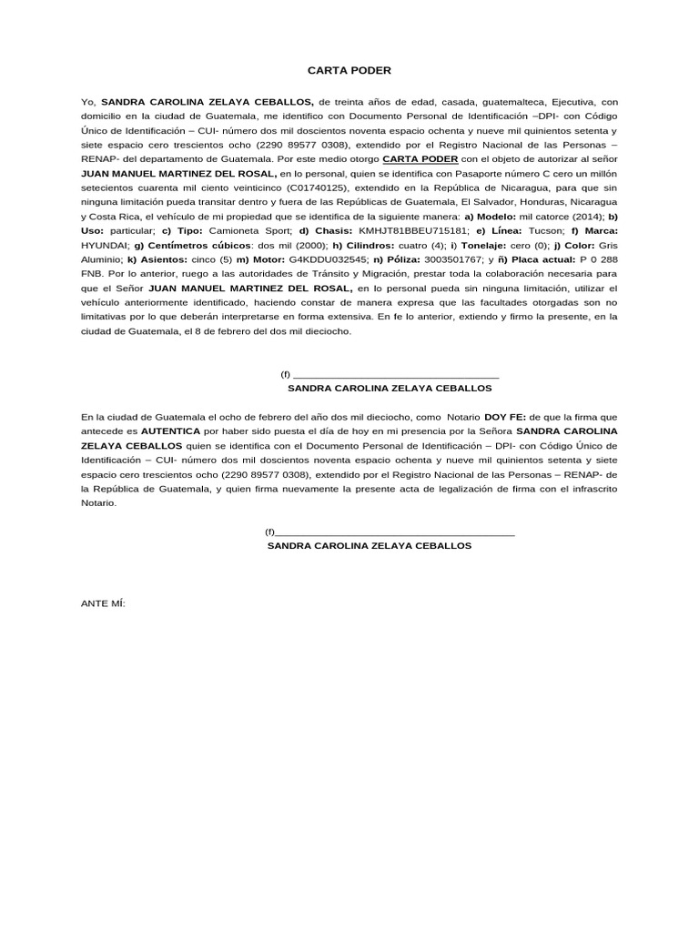 Carta Poder - Utilización de Vehículo JOEL | PDF | Guatemala | Coche