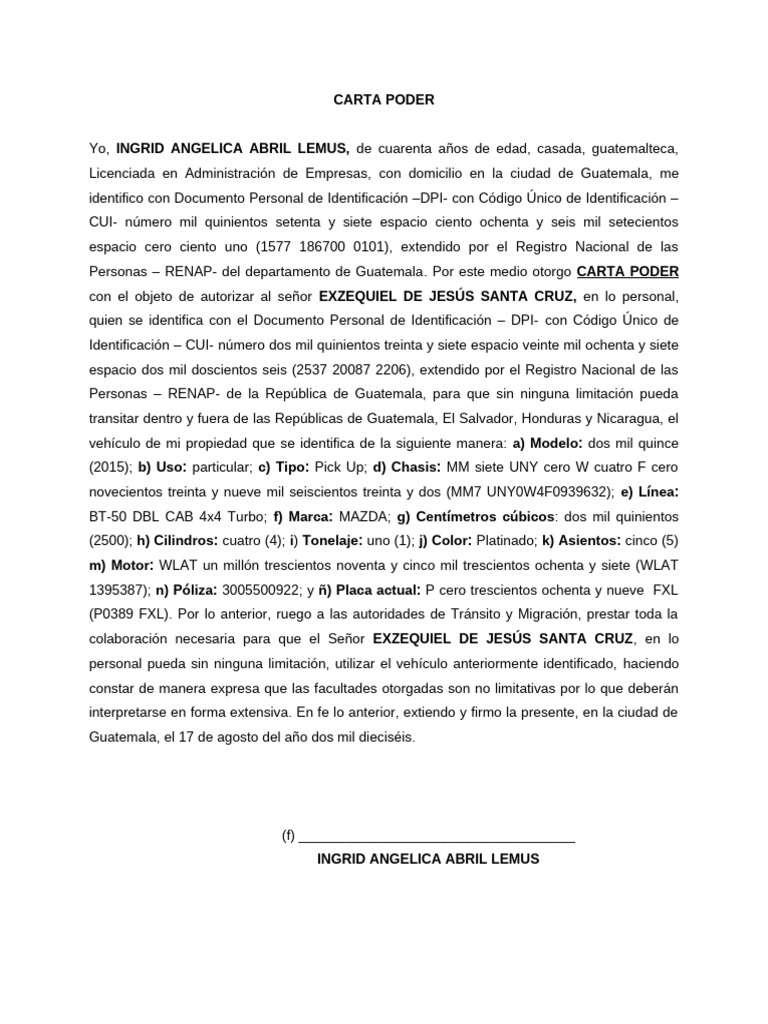 Carta Poder - Utilización de Vehículo INGRID ANGELICA 2 | PDF | Guatemala | Vehículos