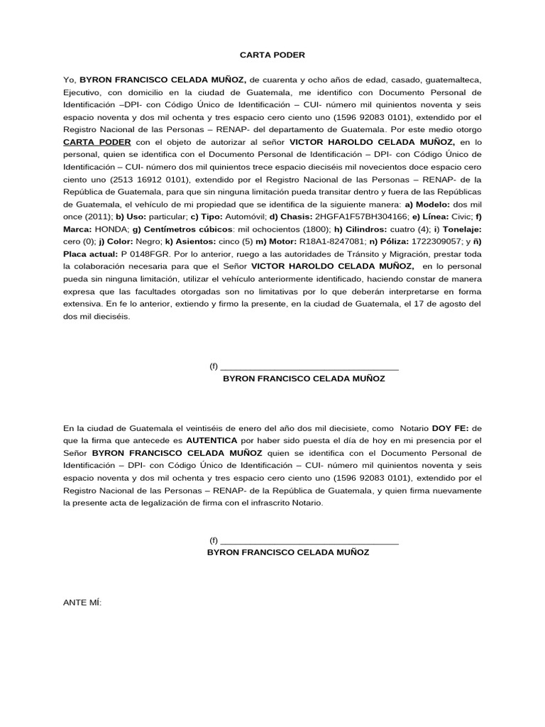 Carta Poder - Utilización de Vehículo INGRID ANGELICA | PDF | Tecnología de vehículos ...