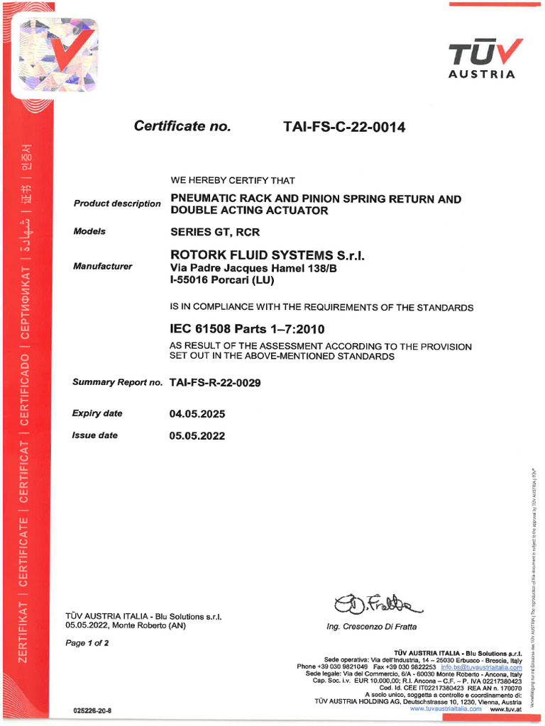 CERTIFICADOS ROTORK CP PT1 | PDF