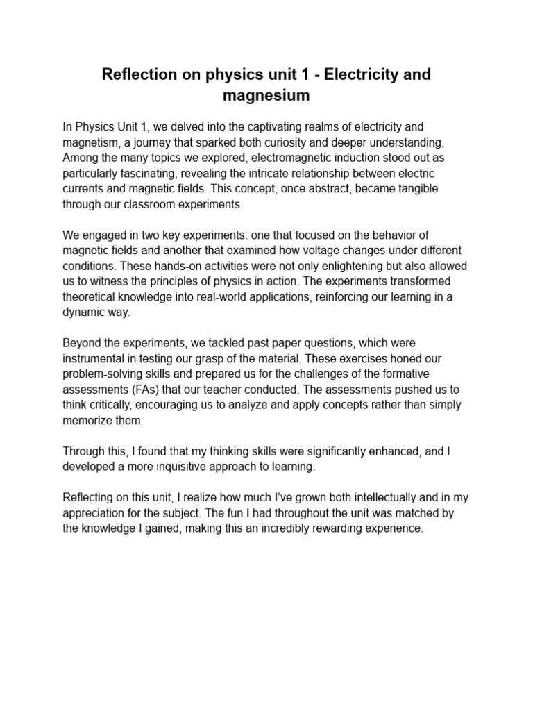 Reflection On Physics Unit 1 - Electricity and Magnesium | PDF