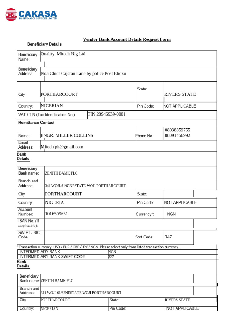 11cakasvendors Bank Details Request Form - EDITING | PDF | Financial ...