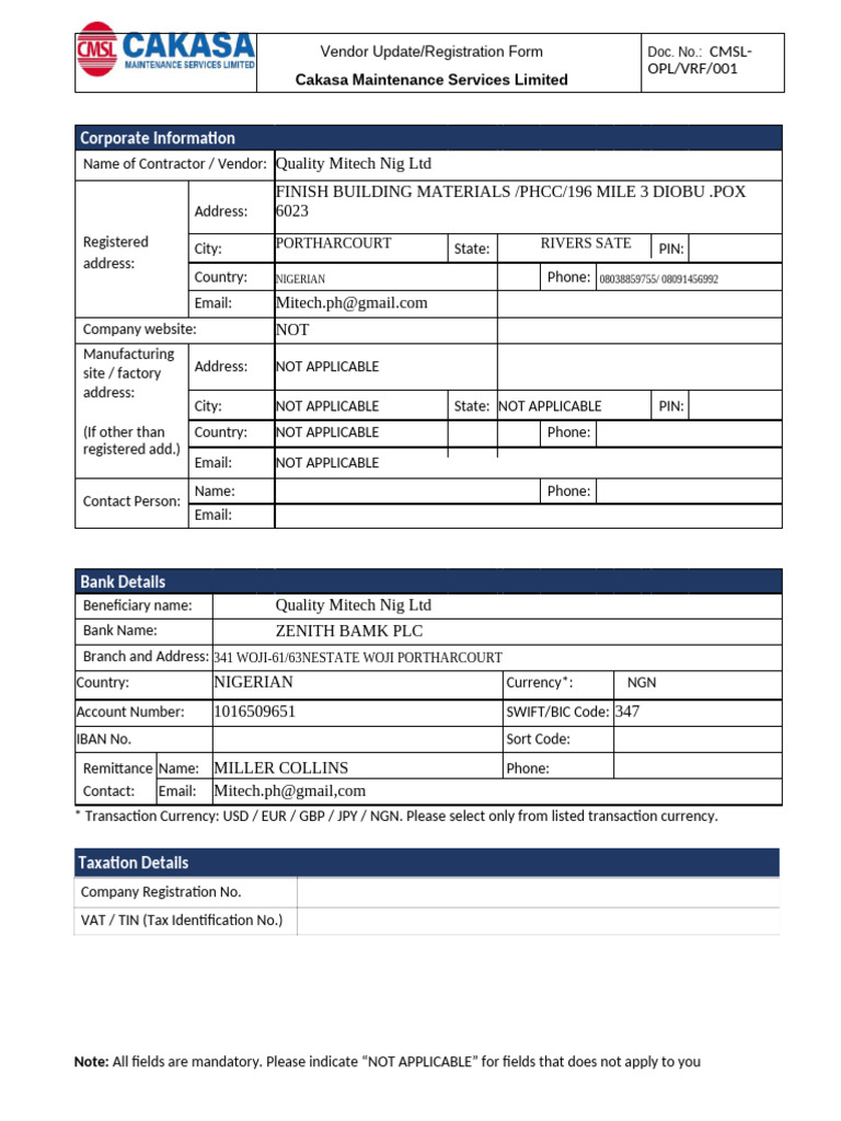 22 CMSL Vendor Update-Registration Form (2) | PDF | Employment | Labour Law
