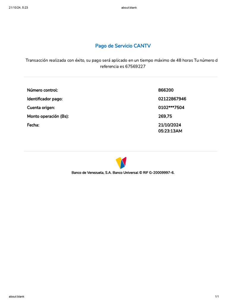 Pago exitoso de CANTV - 21/10/2024 | PDF