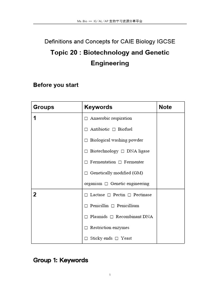 CAIE IGCSE Biology: Biotechnology Terms | PDF | Fermentation | Genetic ...