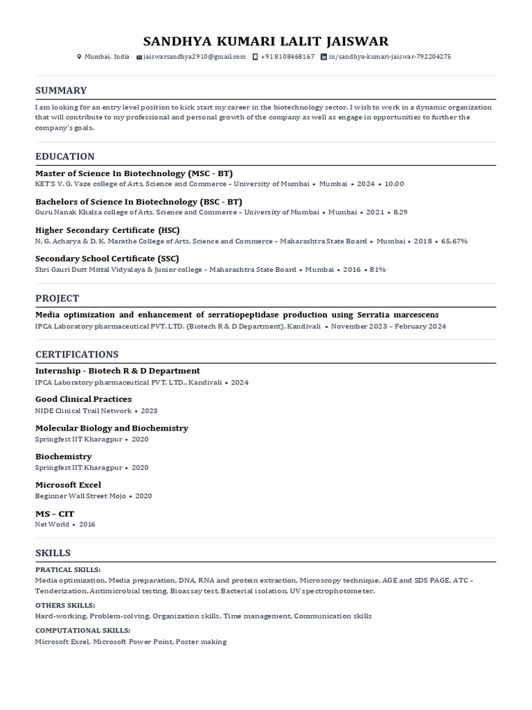 Resume - Sandhya Kumari Lalit Jaiswar | PDF