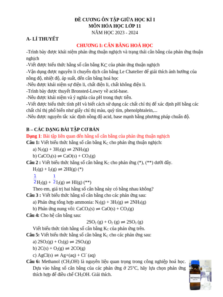 HÓA 11 - ĐỀ CƯƠNG GK1 23 24 | PDF