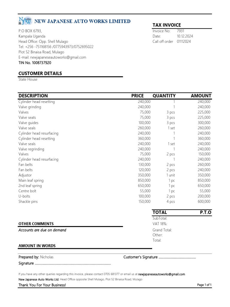 Call Off Order01112024 - 7931 | PDF | Invoice | Automotive Technologies