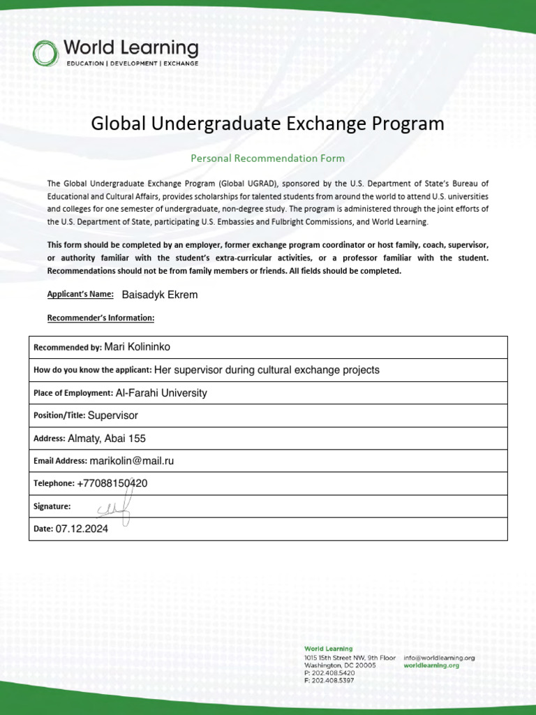 Global UGRAD Recommendation Form | PDF | United States Department Of State