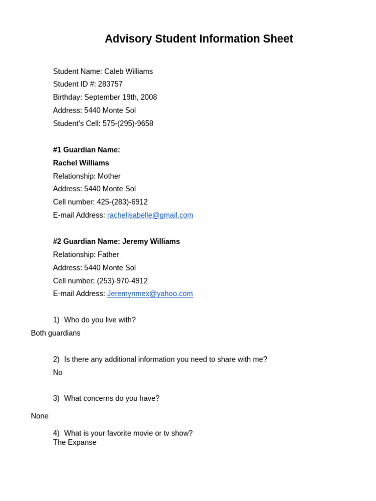 Advisory Student Information Sheet | PDF