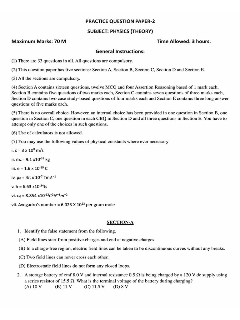 PHYSICS PRACTICE QUESTION PAPER 2 - Grade 12 | PDF