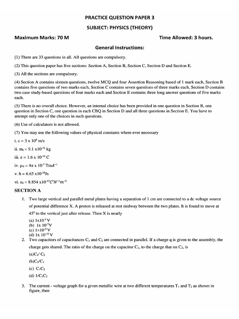 PHYSICS PRACTICE QUESTION PAPER 3 - Grade 12 | PDF