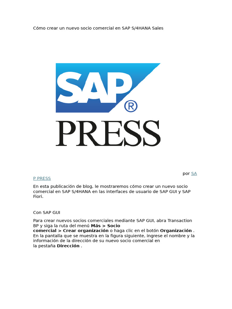 Cómo crear un nuevo socio comercial en SAP S | PDF | Botón (Computación ... Cómo crear un nuevo socio comercial en SAP S | PDF | Botón (Computación ...