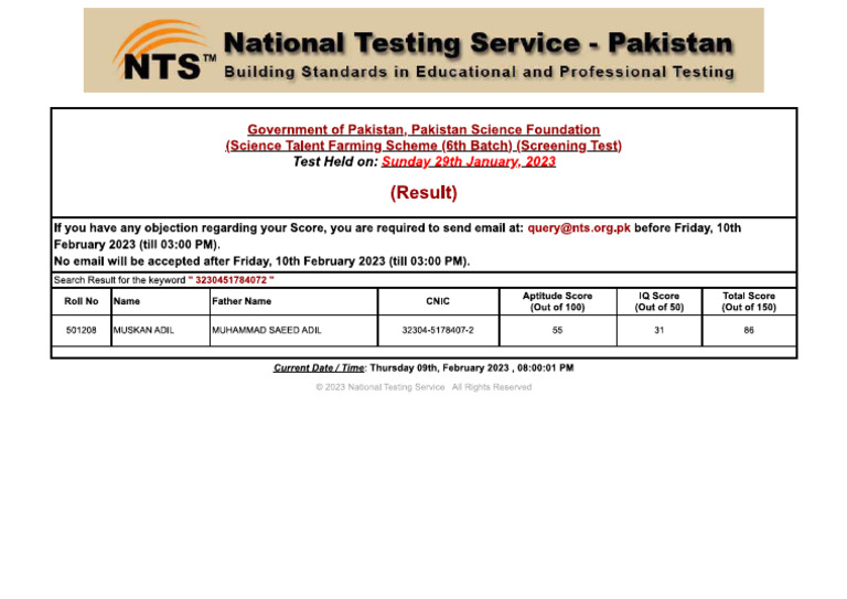 Muskan NTS Result | PDF