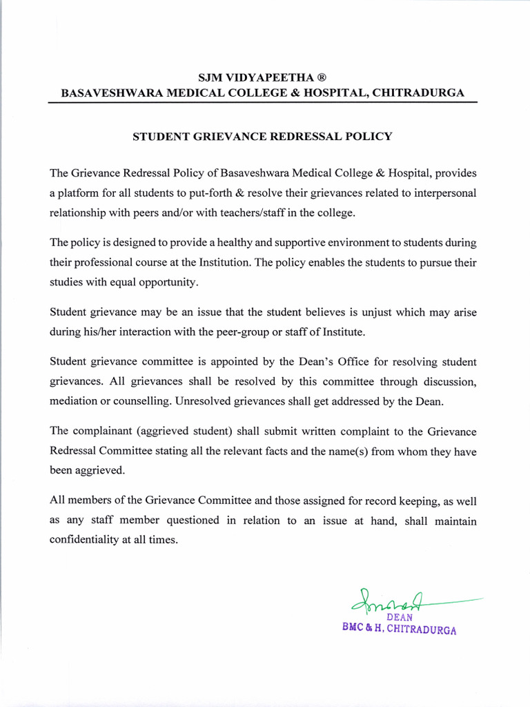 BMCH Student Grievance Redressal Policy | PDF