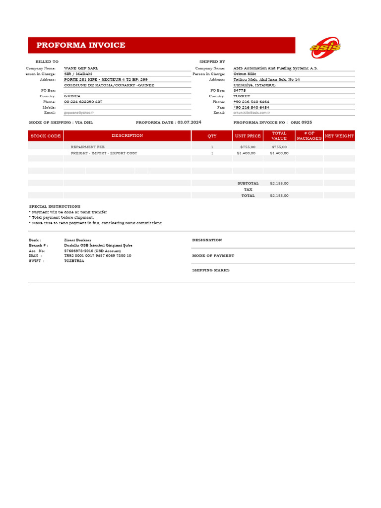 Proforma Invoice for Shipping Services | PDF | Freight Transport | Banking