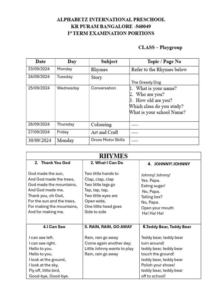 Alphabetz International Pre School Playgroup Time Table & Portions | PDF