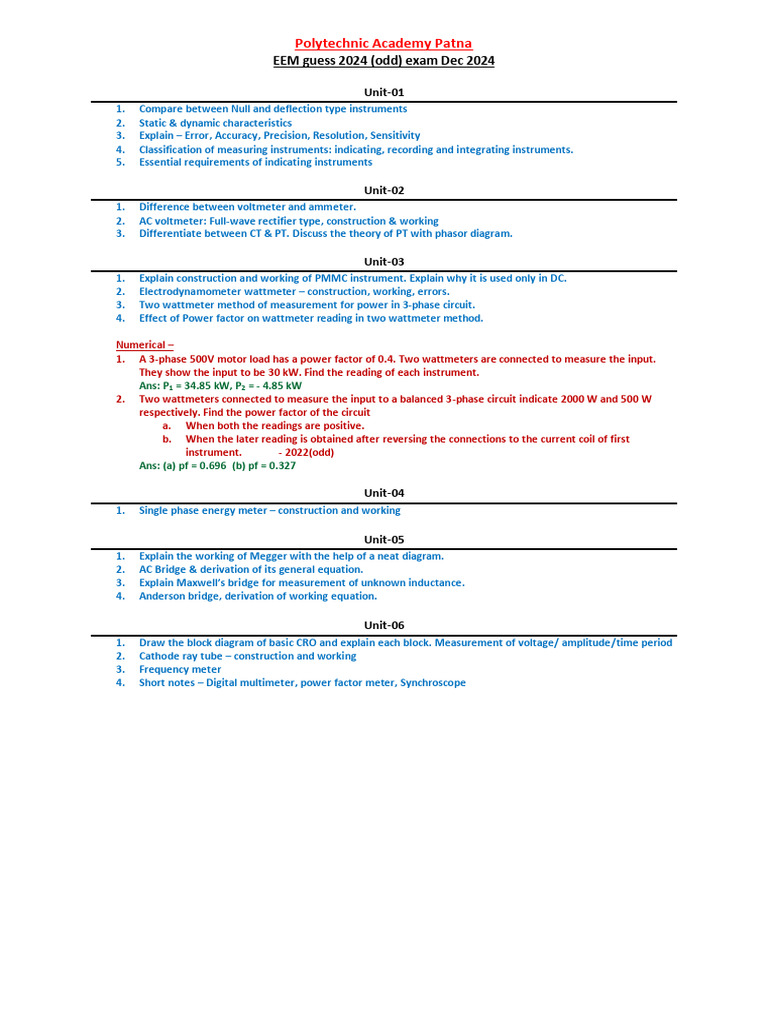 EEM Guess 2024 (Odd) exam Dec 2024 | PDF